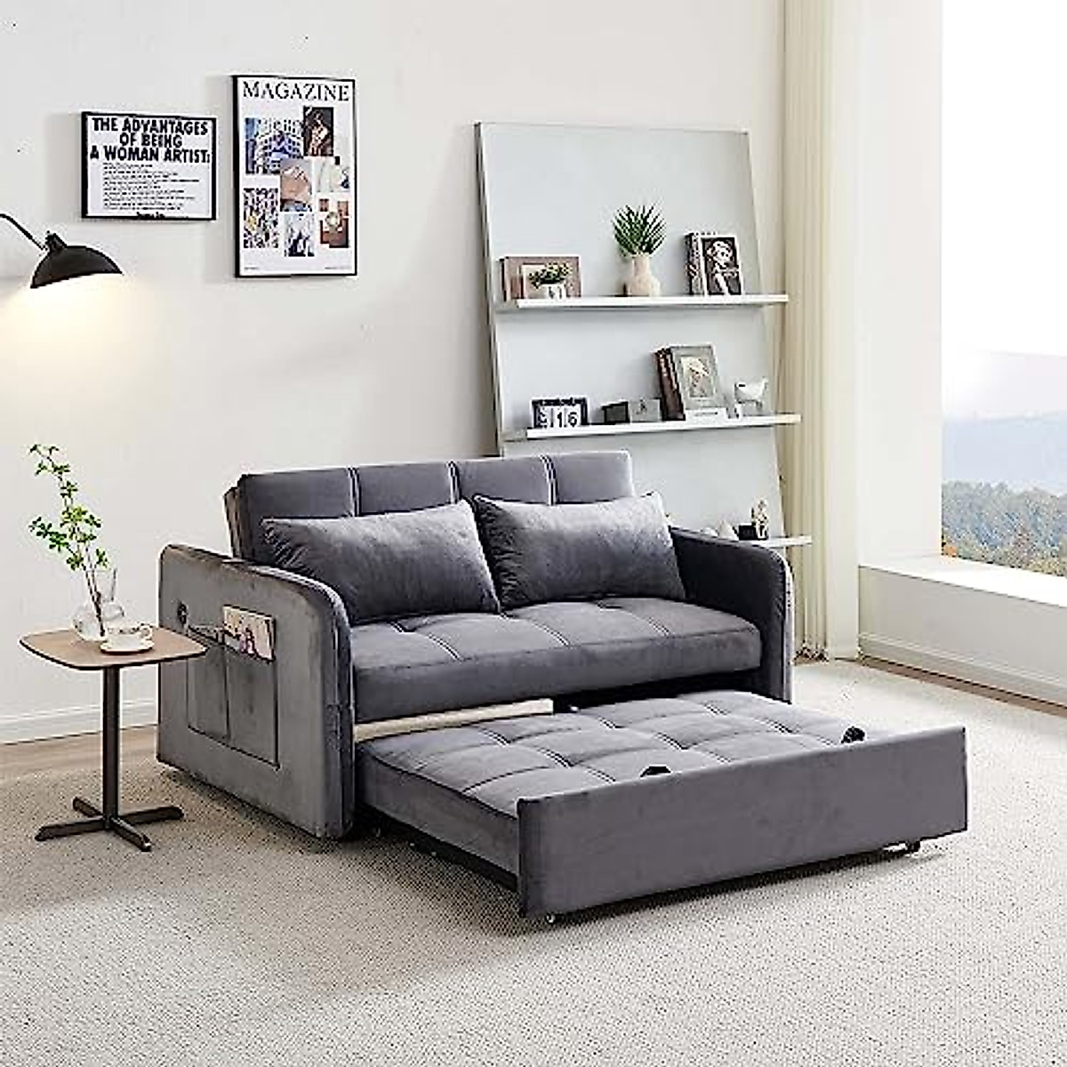 Antetek 3-in-1 Sleeper Sofa Bed w/USB Port, Modern Convertible Tufted Velvet Upholstered Pull Out Futon Couch, 55.5" W Small Loveseat Sofa for Office Living Room Small Space, Grey