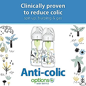 Dr. Brown’s Wide-Neck Baby Bottle Dinosaur Designer Bottles, 9 oz/270 mL, 2-Pack with HappyPaci Pacifiers and Lovey Holder, Triceratops