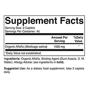Brieofood Organic Alfalfa 1500mg, 45 Servings, Vegetarian, Gluten Free, 90 Vegetarian Tablets