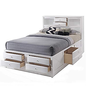 HABITRIO Queen Bed with Storage, Solid Wood Queen Size Bed Frame with Headboard (2 Bookcase, 2 Drawers), Footboard (4 Drawers), Rail with 2 Drawers, Wooden Slat, No Box Spring Needed, White