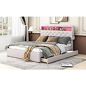 Queen Size Upholstered Platform Bed Frame for Boys Girls Kids Toddler with Storage Headboard, LED, USB Charging and 2 Drawers, Beige