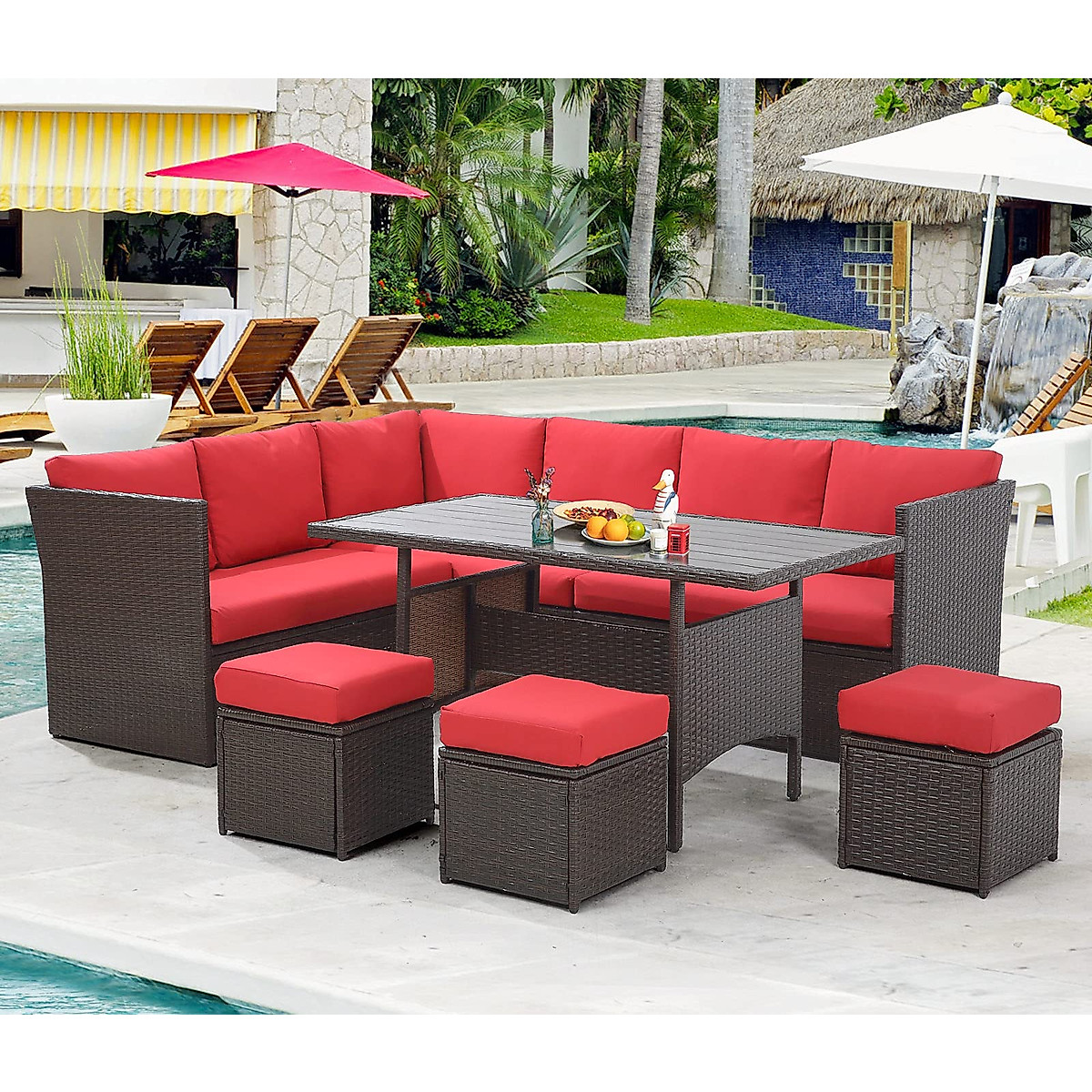 AECOJOY 7 Pieces Patio Furniture Set with Table, Outdoor Patio Furniture, Outdoor Dining Sectional Sofa with Table&Chair, Brown Rattan&Red Cushion