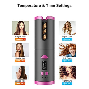 Curling Iron Automatic Cordless Hair Curler with 6 Temperature & Timer Settings, Portable Auto Shut-Off Rechargeable Curling Wand for Girls