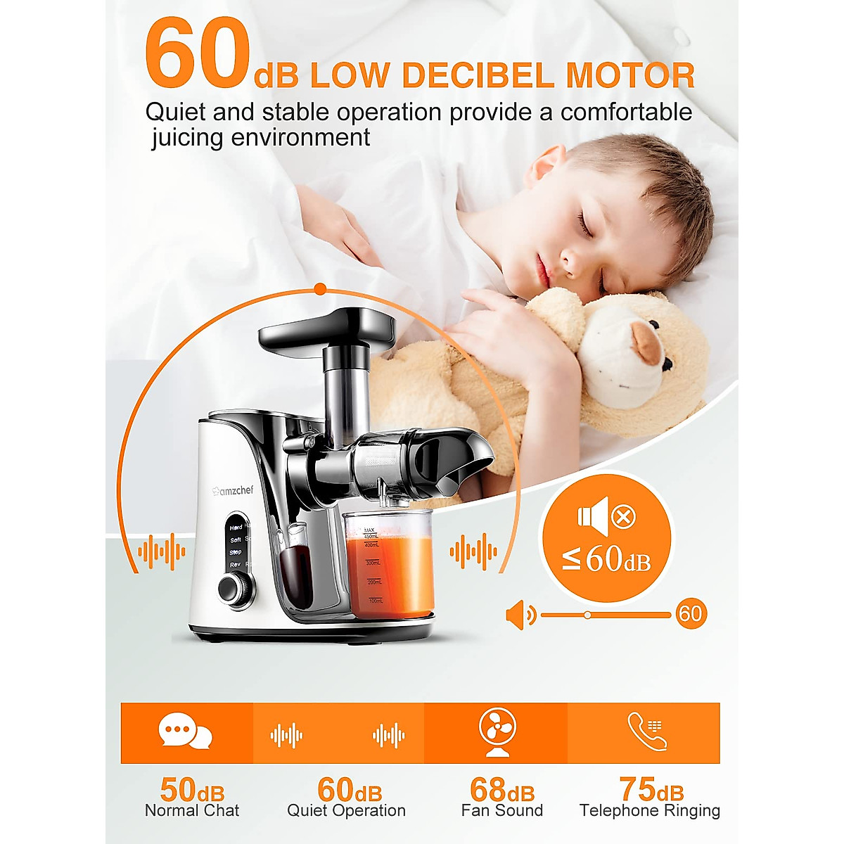 Juicer Machines, AMZCHEF Slow Cold Press Juicer with 2 Speed Modes, Travel bottles(500ML), LED display, Easy to Clean Brush & Quiet Motor for Vegetables & Fruits, Beige