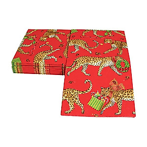 Caspari Christmas Leopards Paper Guest Towel Napkins in Red - Two Packs of 15