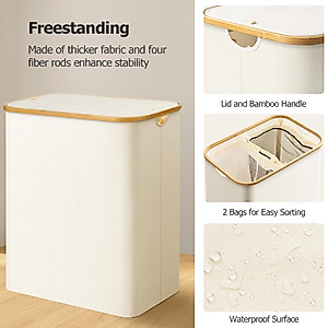 joybest Laundry Hamper with Lid, Beige Large Double Laundry Basket with Bamboo Handles Removable Bags, 2 Section Dirty Clothes Hamper for Laudry Room, Bathroom & Bedroom