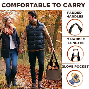 Outdoor 360 Firewood Bag Carrier - Extra Large Wood Bag for Firewood-Water Resistant Carrying Bag with Padded Handles & A Handy Side Pocket-24 L x19 H x12-Waxed Canvas Log Tote for Home or Camping