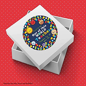 Out of This World Outer Space Themed Teacher Appreciation Thank You Sticker Labels, 40 2" Party Circle Stickers by AmandaCreation, Great for Envelope Seals & Gift Bags
