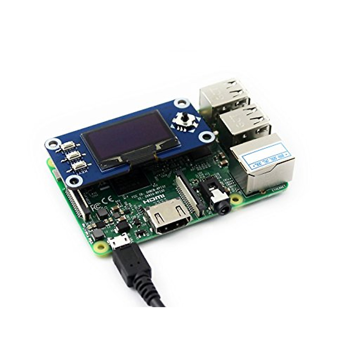 Waveshare 1.3inch OLED Display HAT for Raspberry Pi 128x64 Pixels with Embedded Controller Communicating via SPI or I2C Interface.