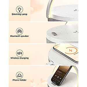 LED Night Light, EZVALO Music Bedside Lamp with Wireless Charger, 4 in 1 Touch Lamp, Portable Bluetooth Speaker, Phone Holder, Dimmable Wireless Charging Lamp Birthday Gifts for Women, Men, Dad, Mom