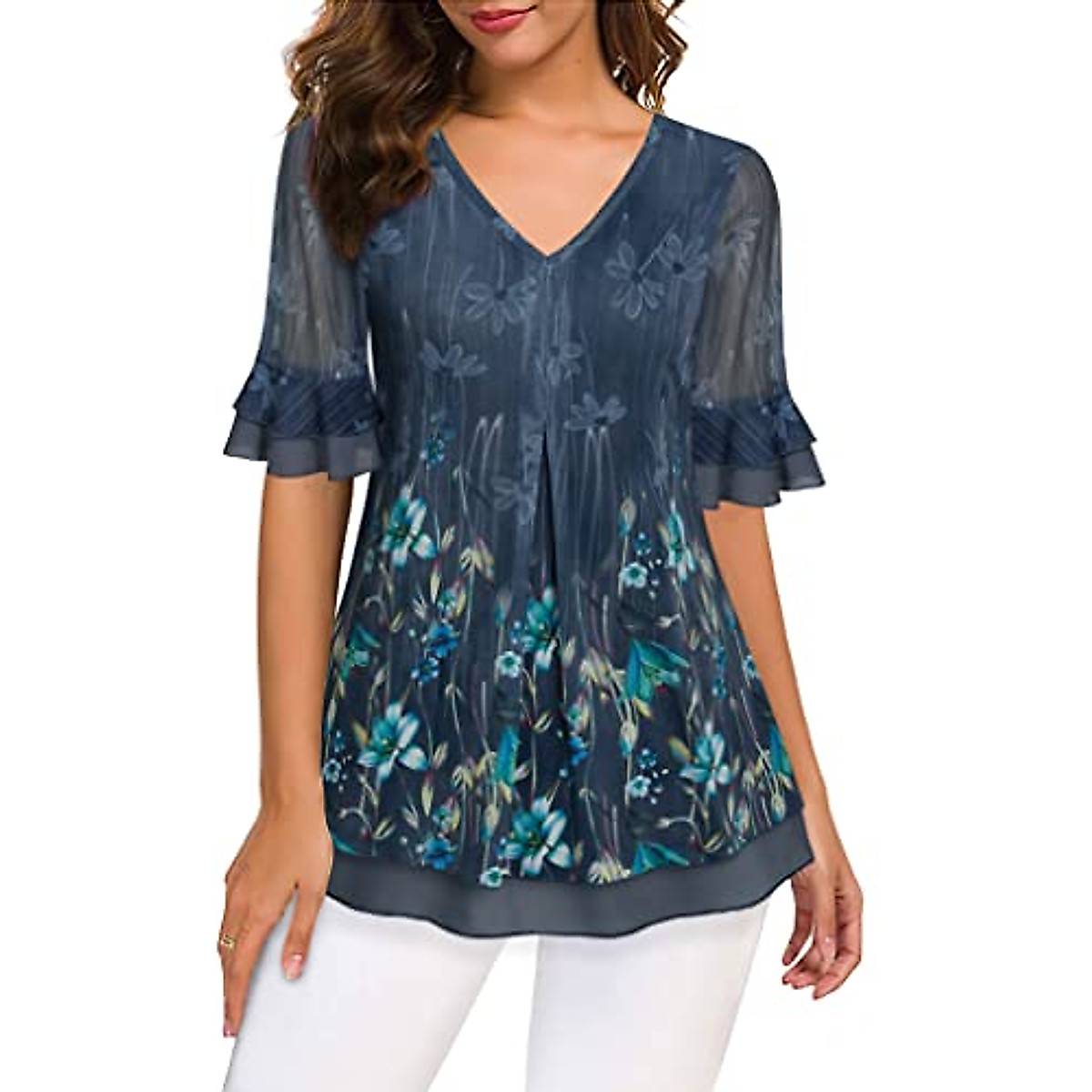 VALOLIA Women Half Sleeve Top and Blouses, Work Clothes for Women Office, Womens Dressy Tops Pretty Flowy Tunic Tops Casual Spring Summer Outfits Evening Tops for Women Elegant Classy Grey XL