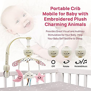 Duomilee Baby Mobile for Crib with Music, Baby Mobiles for Bassinet, Crib Mobile for Girls Length-Adjustable and Rotatable, Nursery Mobiles with Star and Moon for Newborn Aged 0-5 Months(Pink)