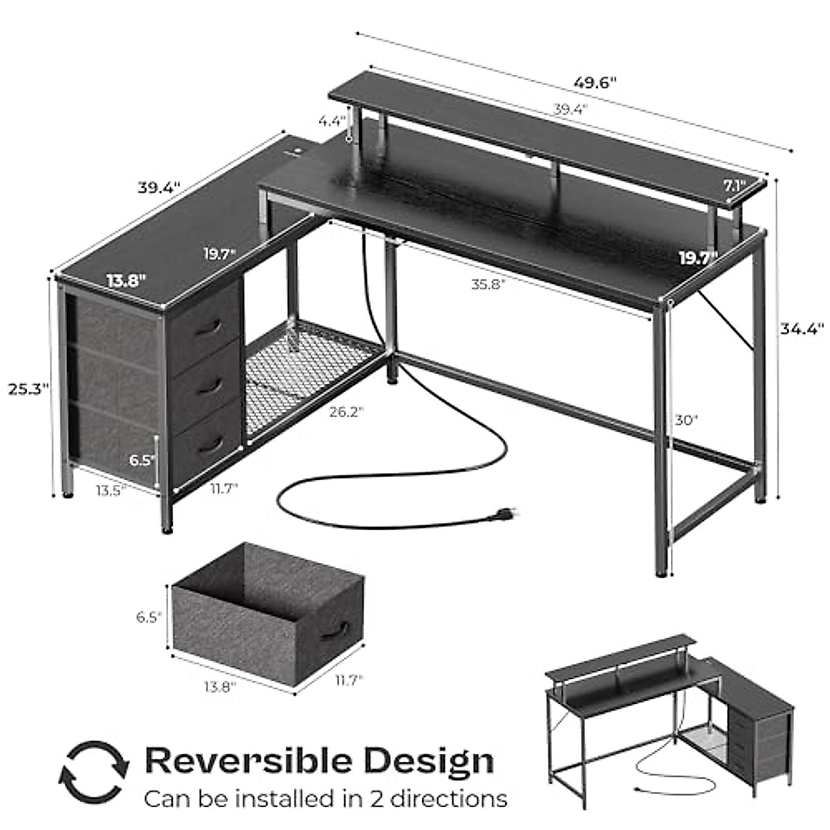 Huuger Reversible L Shaped Computer Desk with Drawers, Gaming Desk with LED Lights and Power Outlets, Office Desk with Storage Shelves, for Home & Office, Black
