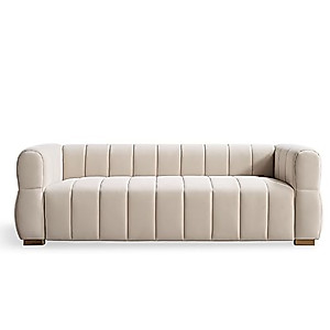 Container Furniture Direct Art Deco Velvet Sofa with Tufted Low Back Design, Sophisticated 3 Seater Couch for Living Rooms, 89 Inch Wide, Easy Assembly, Beige