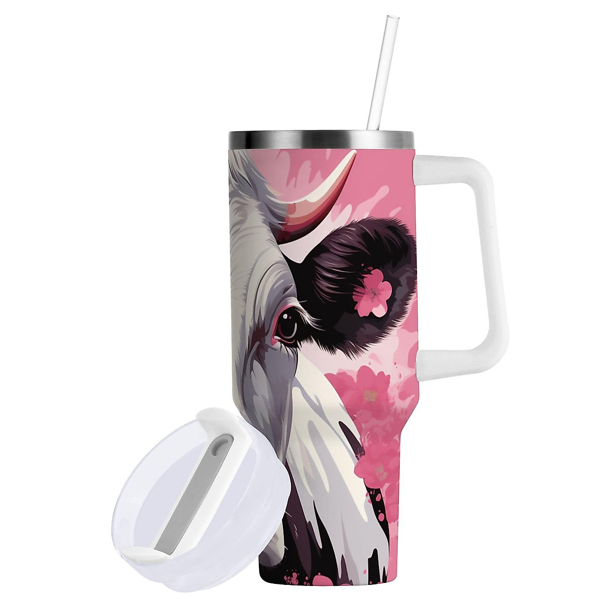ARGTILDN 30 oz Tumbler Cow Flowers Abstract Insulated Travel Mug with Handle and Straw Lid Stainless Steel Vacuum Coffee Cup Tea Beverage Container Water Bottles for Car Sports office