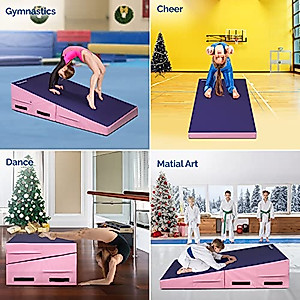 Matladin 55"x28"x14" Folding Gymnastics Cheese Wedge Incline Mat, Gym Fitness Tumbling Skill Shape Mat for Kids Girls Home Training Exercise (55"x28"x14", Purple+Pink)