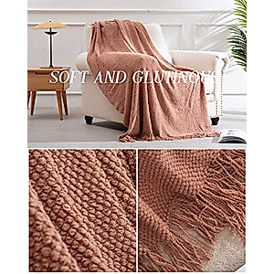 SPAOMY Knitted Throw Blanket with Tassels 3D Bubble Textured Lightweight Decorative Throws Blanket for Couch Cover Home Decor (Caramel, 50x60)