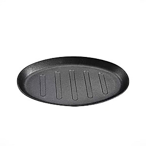 YYJINGYOU Cast Iron Steak Fajita Plate Set with wood Plate for Steak Pizza,Ellipse Groove (8 inch)