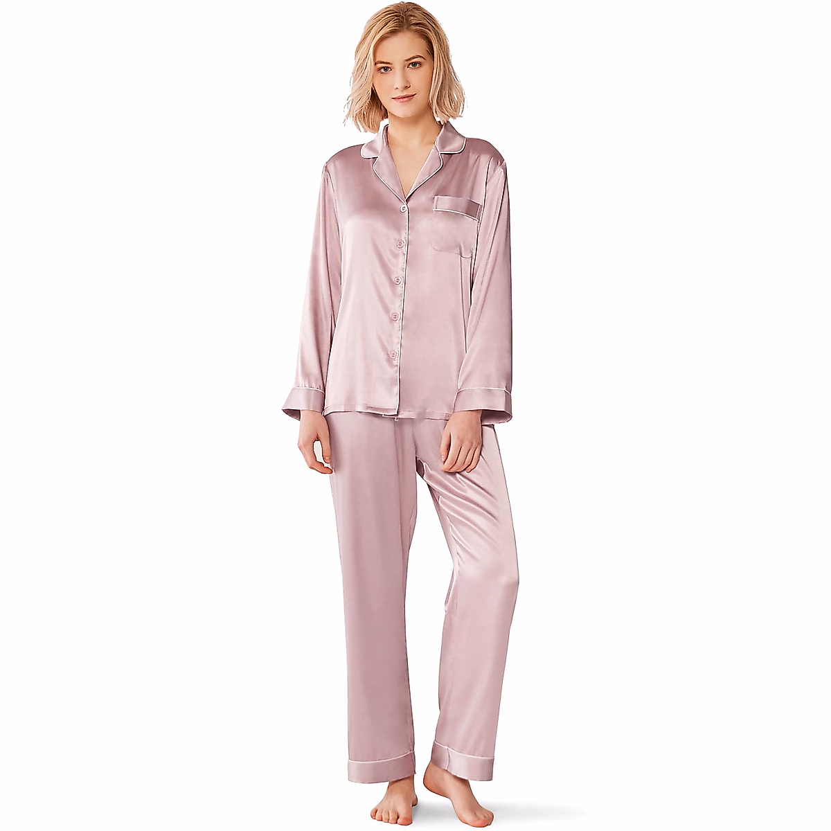 SIORO Womens Silk Pajamas Soft Long Satin Sleepwear Ladies Pajama Sets Button Down Loungewear Pyjamas Suit, Dusty Rose, Large