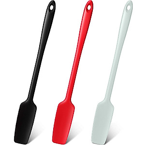 Patelai 3 Pieces Silicone Jar Spatula Long Handle Rubber Spatula Heat Resistant Non-Stick Silicone Scraper Kitchen Silicone Spatula with Stainless Steel Core for Baking (Red, Black, Light Green)