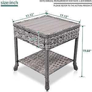Generic Wicker Patio Side Table with Top - Multipurpose Outdoor End Table for Balcony, Porch, and Backyard Settings with 2-Tier Storage Shelf (Wooden Top), Grey, BZ001