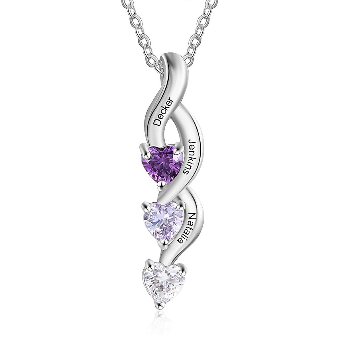 Tian Zhi Jiao Personalized 3 Names Simulated Birthstone Necklace for Mothers Custom Heart Drop Pendant Engraved Name Necklace for Women (Silver)