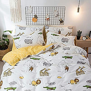 BlueBlue Safari Kids Duvet Cover Set 100% Cotton Bedding for Boys Girls Teens Single Bed Cartoon Lion Elephant Giraffe Monkey Crocodile Pattern Cream White 1 Comforter Cover 2 Pillowcase (Twin, Zoo)