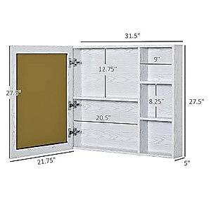 kleankin 31.5" W x 27.5" H Wall-Mounted Medicine Cabinet, Bathroom Storage Unit with Single Mirrored Door and 3-Tier Shelves, White