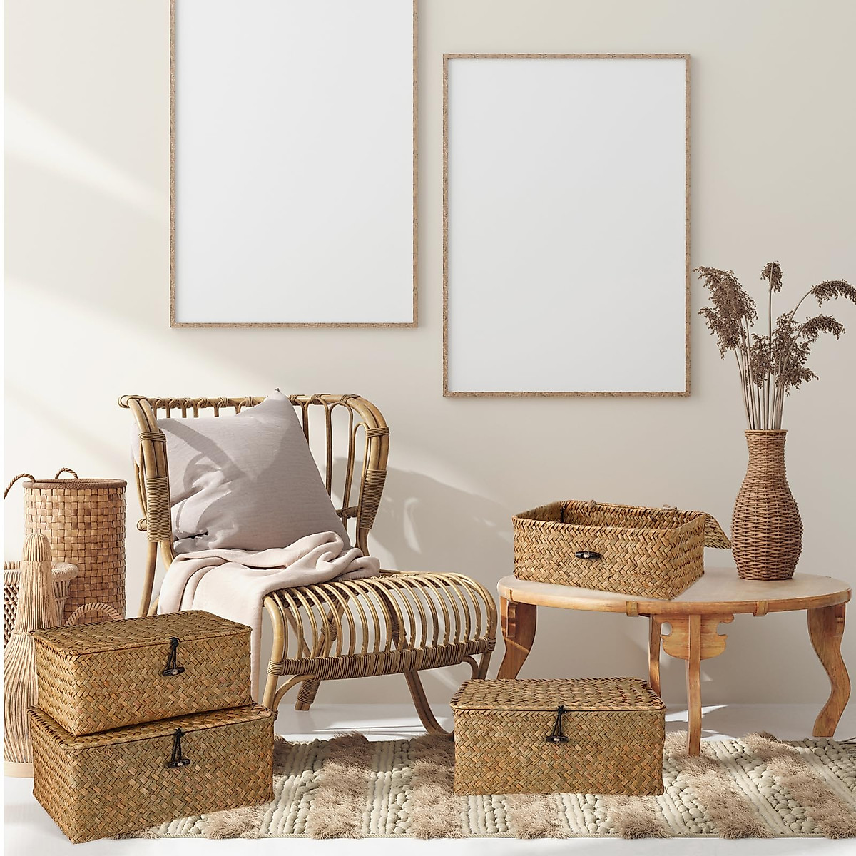 Woanger Set of 4 Wicker Storage Baskets Organizer，Handwoven Storage Bins with Lid for Organizing, Home Utility Box for Home Office Supplies Multipurpose Container(Orange)