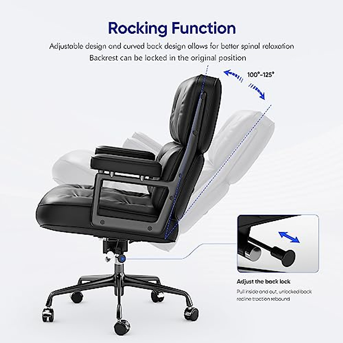 Rimdoc Padded Mid Back Office Chair with Armrest Big Desk Chair 350 Pounds Capacity, High Adjustable, Tilt and Forth, Heavy Duty Aluminum Alloy Frame, Lumbar Support, Genuine Leather, Black