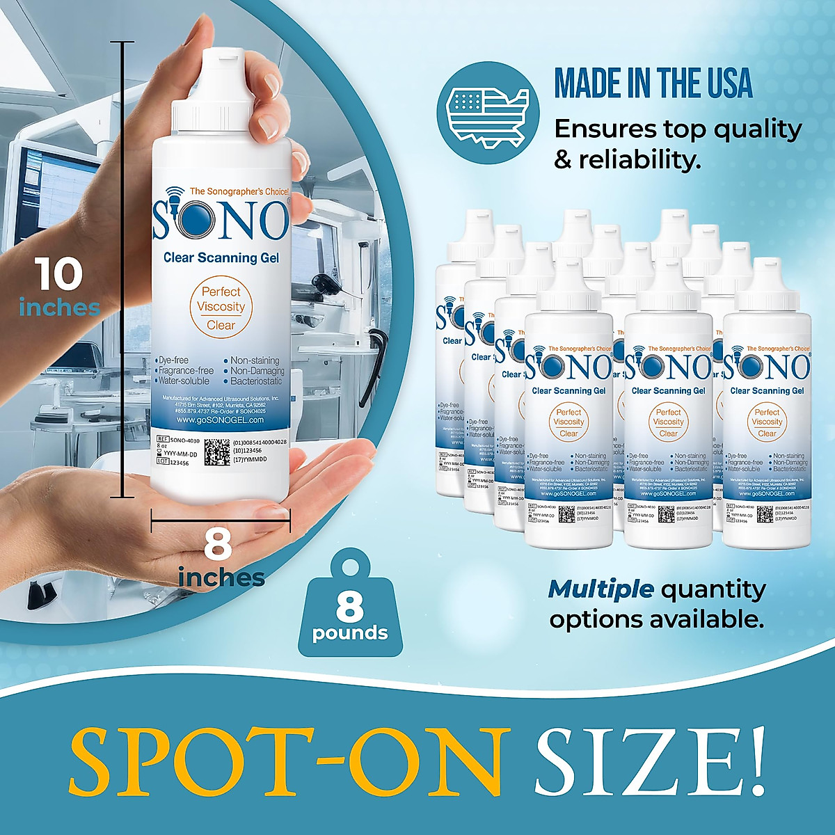 SONO Clear Scanning Gel - Ultrasound, Electrode, Ultrasonic, Sonogram, Transmission, Conductive, TENS Gel - Non-Staining, Dye-Free, Unscented, Water-Soluble, All Skin Types - Case of 12 8oz Bottles