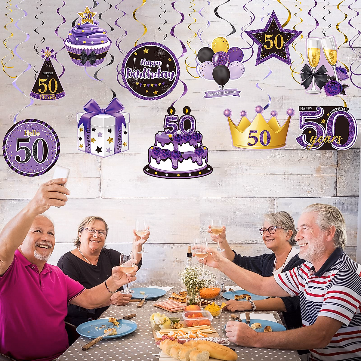 30 Pieces 50th Birthday Decorations 50th Birthday Party Hanging Swirl Decorations, Purple Gold Happy 50th Birthday Swirls Foil Ceiling Decorations for Cheer 50th Birthday Anniversary Party Supplies