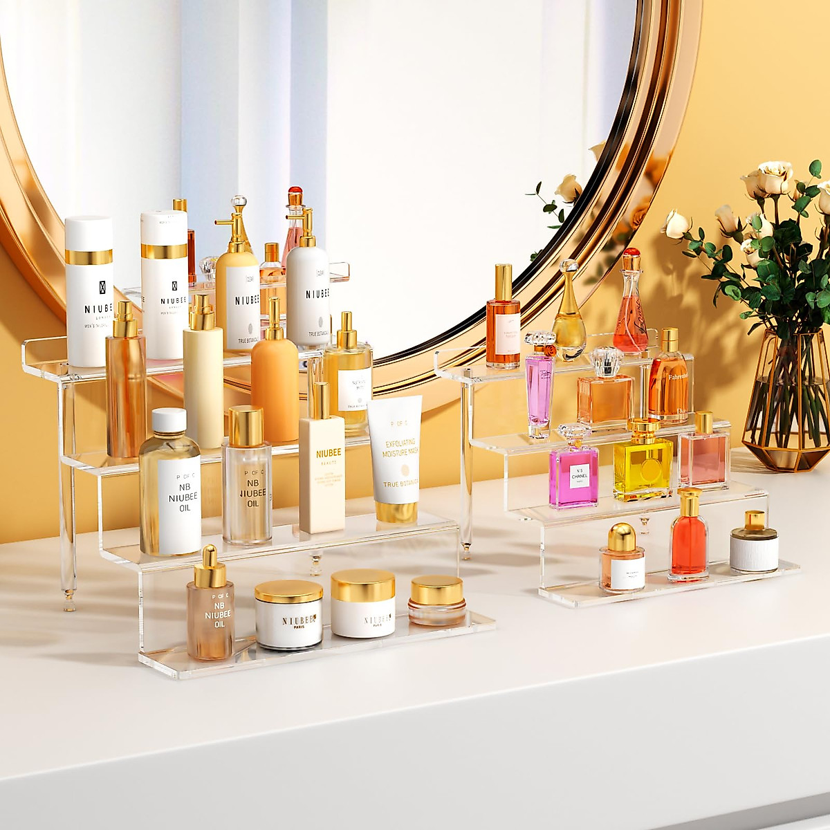 NIUBEE Acrylic Riser Display Shelf, 2 Pack Clear Display Stand for Amiibo Funko POP Figures,4 Tier Cupcakes Stand Perfume Organizer and Storage (9 Inch Small)