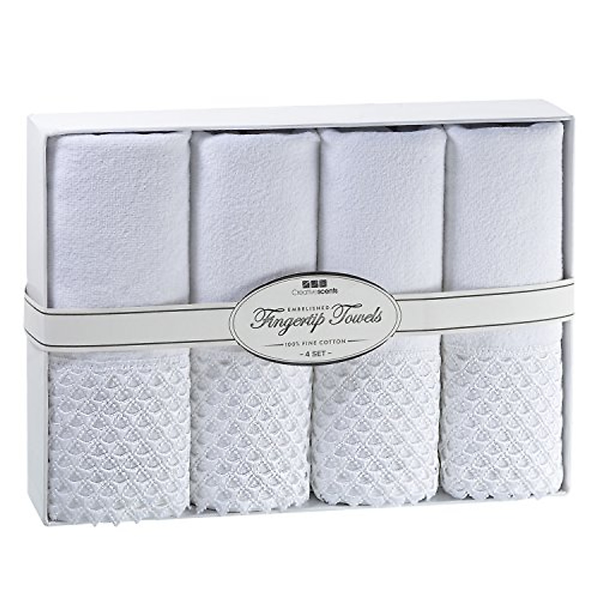 Creative Scents Decorative Fingertip Towels for Bathroom and Powder Room with Gorgeous White Lace - 4 Pack - 11 by 18" - Cotton Velour Towel Set Packaged in Gift Box for Best Holiday Gift (White)