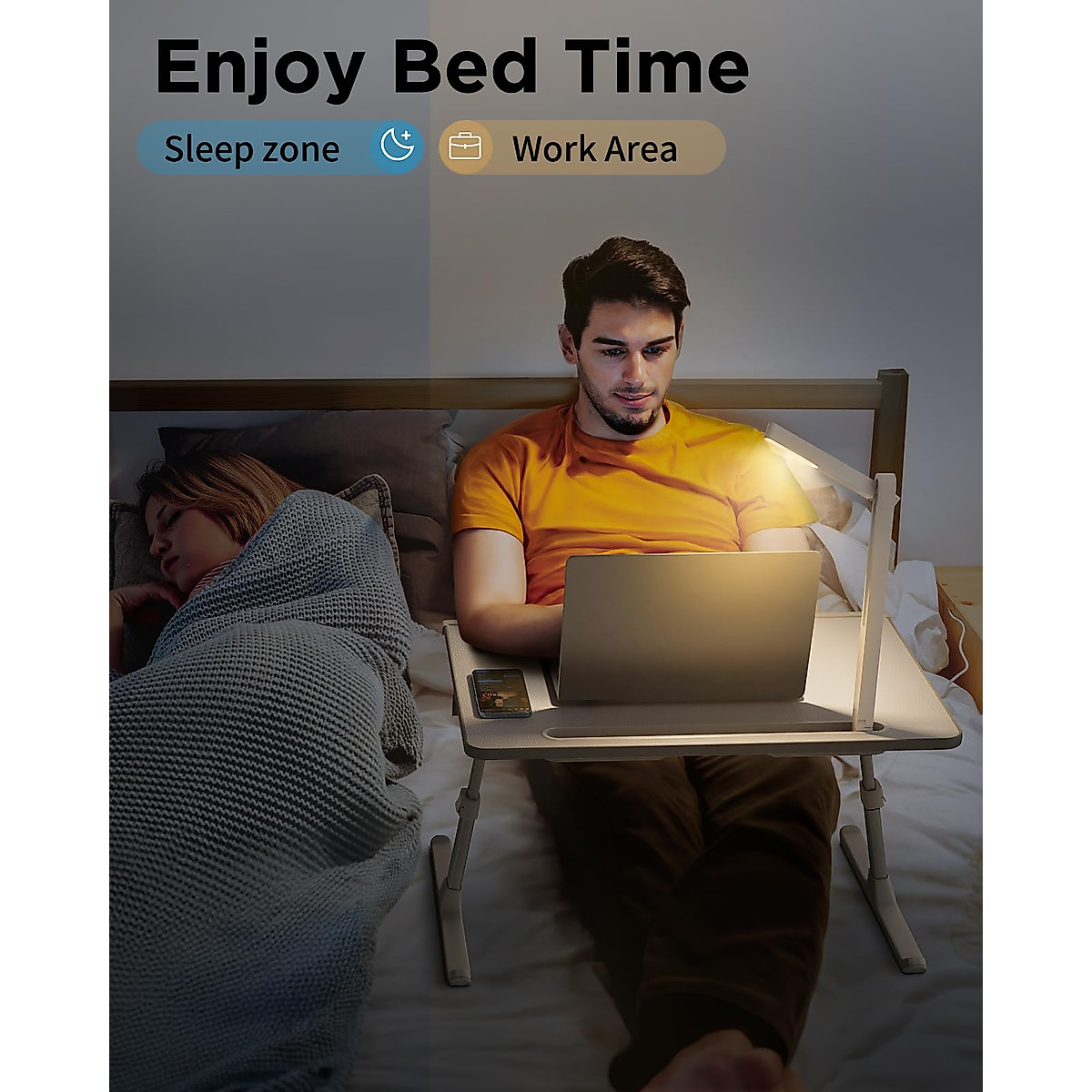 Laptop Bed Tray Desk with LED Desk Light, SAIJI Adjustable Laptop Stand for Bed, XX-Large PVC Leather Foldable Laptop Table with Book Stand, Wrist Rest, Extra Leg Room for Sofa Couch Floor (Gray)