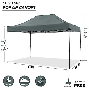Tooluck Canopy 10x15 Pop up Canopy Commercial Heavy Duty Canopy Tent with 4 sidewalls Easy Up Wedding Party Tent Outdoor Gazebos Canopy, All Season, Windproof & Waterproof, Gray(Frame Thickened)