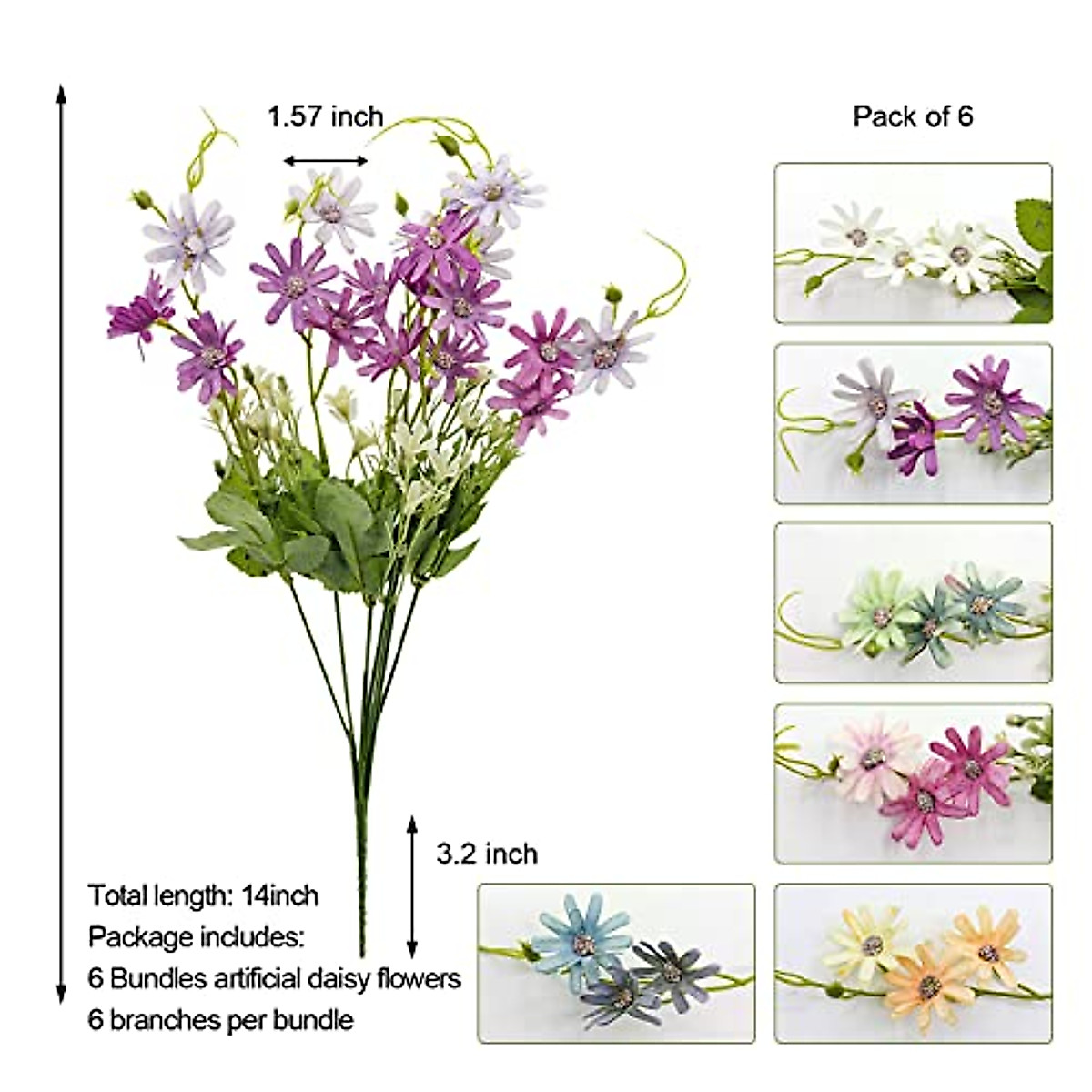 Guagb 6Pcs Artificial Daisy Silk Flower Outdoor UV Resistant Fake Wildflowers Faux Greenery Shrubs Plastic Plants Arrangements for Home Indoor Outside Garden Vase Decor