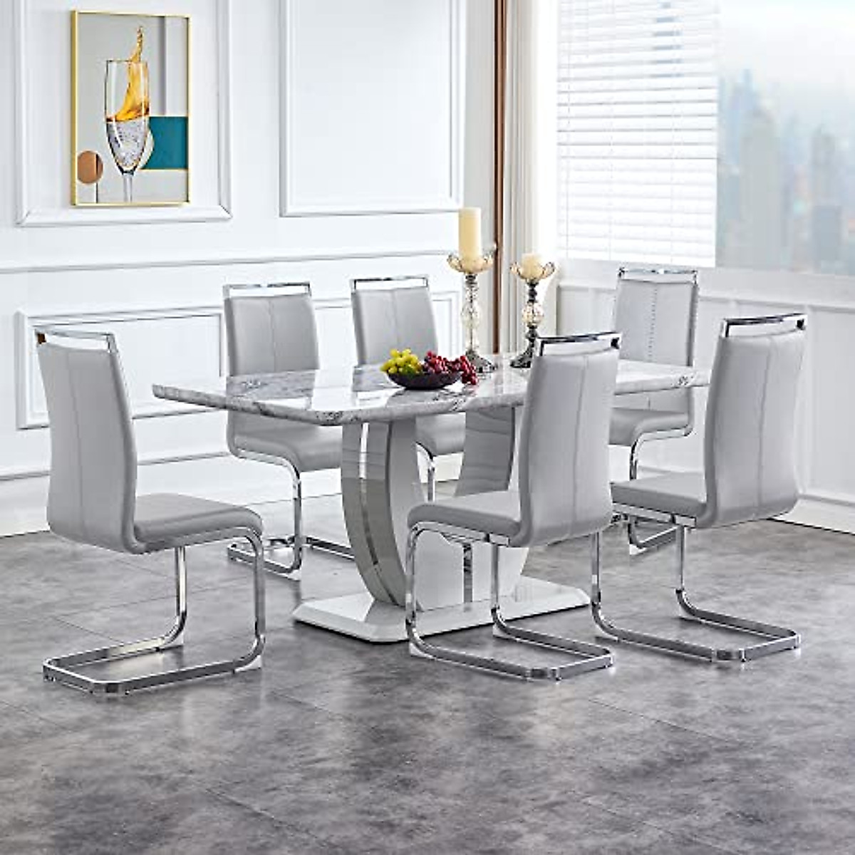 Maotifeys Grey Marble Dinner Table Set for 6 Mid-Century Rectangular Dining Room Table and Chair Set 7-Piece Kitchen Table Set with a Faux Marble Dining Table and 6pcs Light Grey PU Leather Chairs