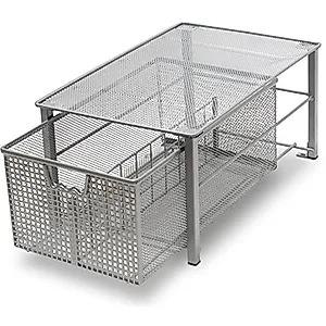 DecoBros Mesh Cabinet Basket Organizer with Split Card, Silver (Large - 10 x 15.8 x 7.5)