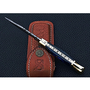 Smart & Sharp Custom Handmade Damascus Steel Folding Knife/Pocket Knife AR-17395 (Blue Colored wood) (blue)
