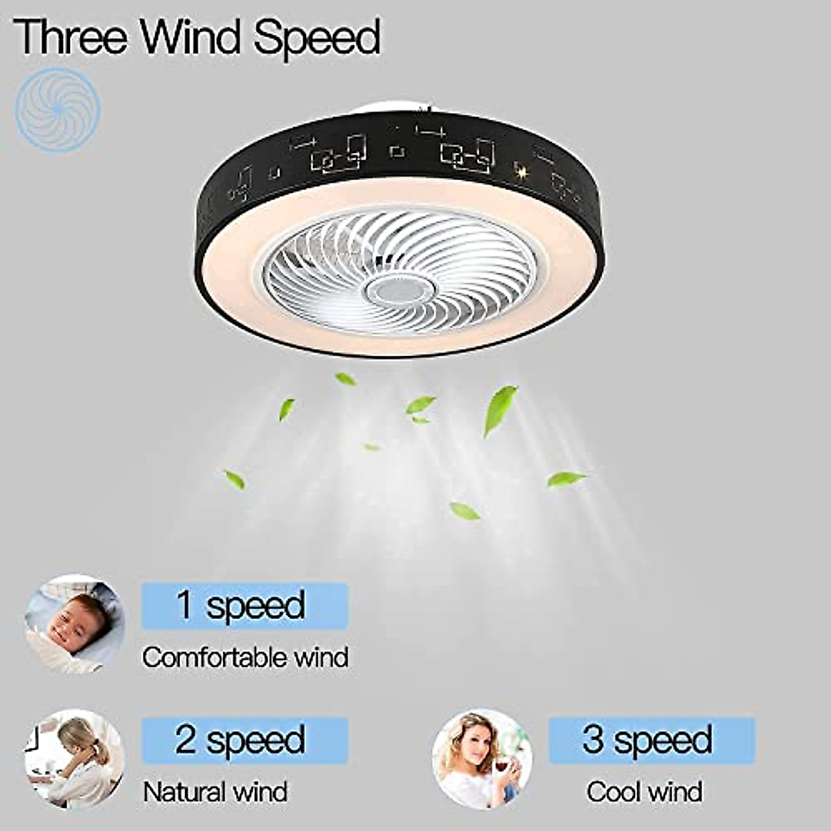 JUTIFAN Modern Enclosed Ceiling Fan with Lights Remote Control, Dimmable 3 Color Adjustable Low Profile Ceiling Fan, 1H/2H Timing, Black Ceiling Fans 72W Bladeless Ceiling Fan with Light for Kitchen