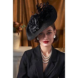BABEYOND Tea Party Fascinator Hat for Women Kentucky Headwear Feather Derby Pillbox Wide Church Hat for Cocktail Wedding Black