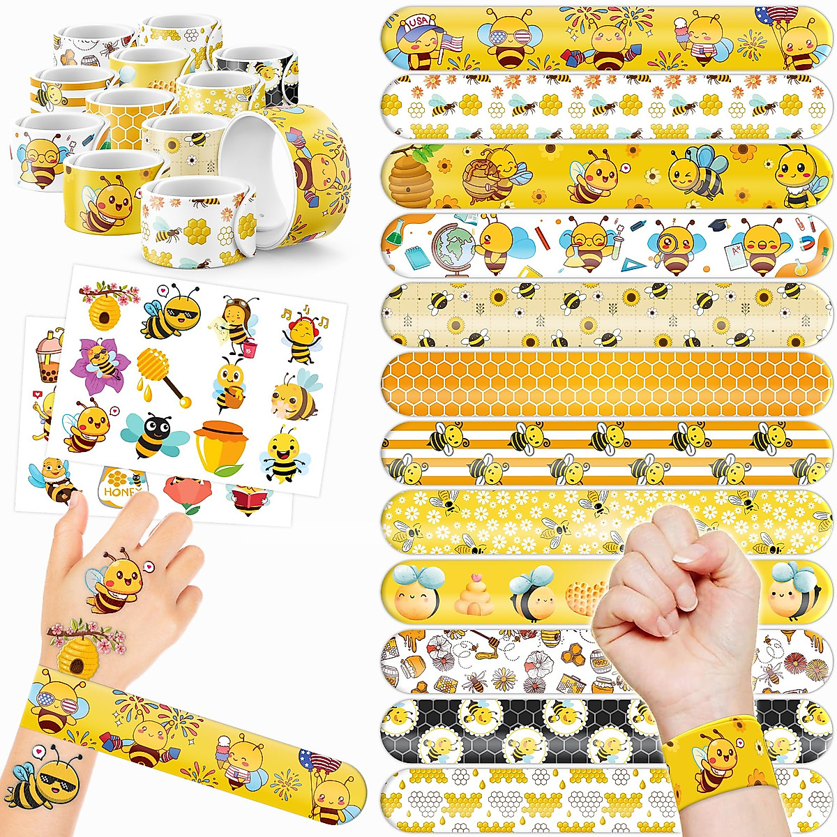 48PCS Bee Party Favors 24PCS Tattoos 24PCS Slap Bracelets Wristbands Themed Birthdays Party Supplies Decorations Decor Honey Bee Day Pattern Girl Gifts School Classroom Prize Baby Shower