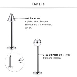 SCERRING 12PCS 16g Stainless Steel 3mm Balls & Spikes Labret Monroe Lip Tragus Cartilage Helix Earring Ring Body Piercing Jewelry 10mm - Silver