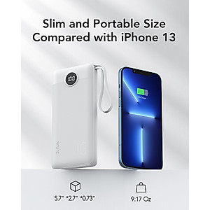 VRURC Portable Charger 10000mAh, Slim LED Display Power Bank, 5 Output 2 Input Cell Phone Battery Pack, Built-in Micro & USB C Cables Phone Charger Compatible with iPhone,Samsung,Android-White(1 Pack)