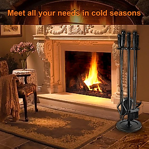 VODA Fireplace Tools Set 5 Pcs 31In Cast Iron Fireplace Tools Indoor Fireside Accessories Large Fire Place Tool Set Outdoor Holder Fire Kit with Poker Shovel Tongs Brush, Stand