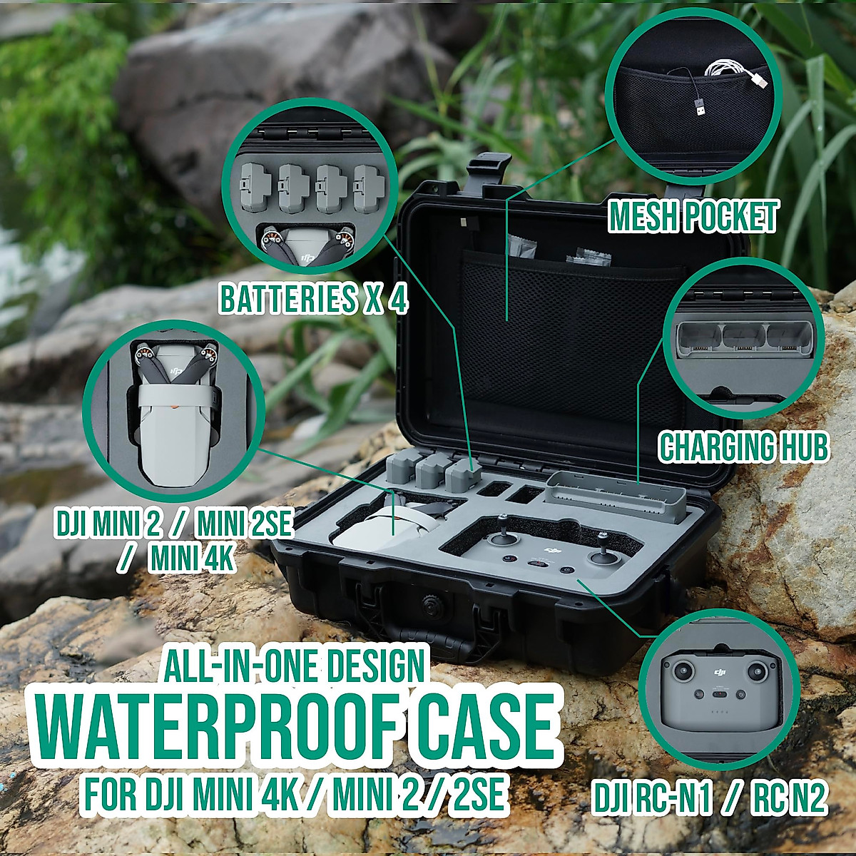 INNVO DJI Mini 4K Waterproof Case Hard Carrying Case Compatible with DJI Mini 2 & Mini 2SE Drone and Fly More Combo Set Black