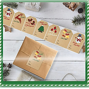 LNALAT 250pcs Kraft Christmas Stickers, 6 Styles Designs Merry Christmas Bell Handmade Sticker Roll for Christmas, Decoration Labels for Bags, Envelopes, Bubble mailers & Boxes