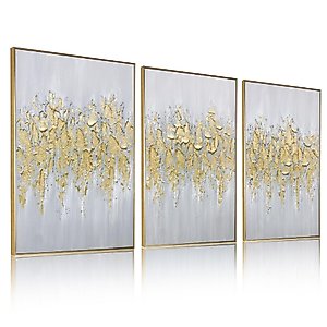 Zessonic Framed Gold Abstract Wall Art - Glam Gold Hand-Painting Canvas Art for Living Room Bedroom Decor Glitter Abstract Artwork for Modern, Contemporary Decor, 24" x 36" x 3 Panel