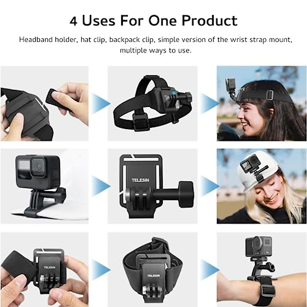 Head Strap Mount with Cap Clip, Quick Release Head Belt Mount Compatible with GoPro Hero 11/10/9/8/7/6/5, Fusion, Max, DJI OSMO and Most Action Cameras